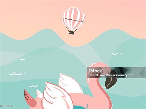 손으로 그린 벡터 스톡 추상 그래픽 일러스트 레이 션과 플라밍고 수영 고무 플로트 링 푸른 배경에 고립 된 바다 파도 풍경 0명에 대한 스톡 벡터 아트 및 기타 이미지