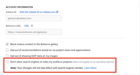 Guide Disable Search Indexing Behance Helpcenter