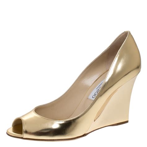 Jimmy Choo Metallic Gold Leather Baxen Peep Toe Wedge Pumps 37 Jimmy