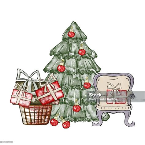 수채화 크리스마스 장식입니다 크리스마스 트리 빈티지 안락 의자 및 선물 상자가 있는 바구니 스케치 스타일로 Izolated 손으로 그린 그림 초대장 및 카드 디자인 옷 및