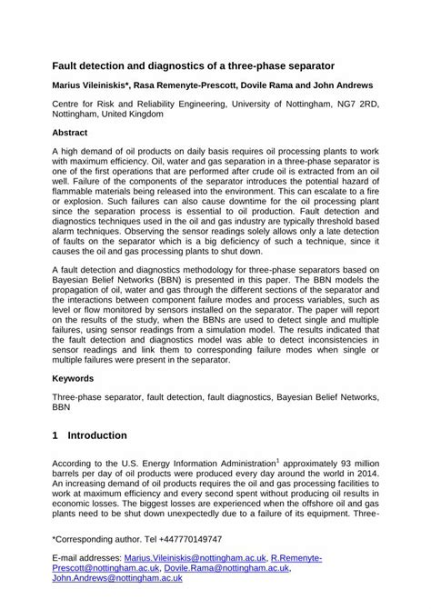 pdf fault detection and diagnostics of a three phase separatoreprints
