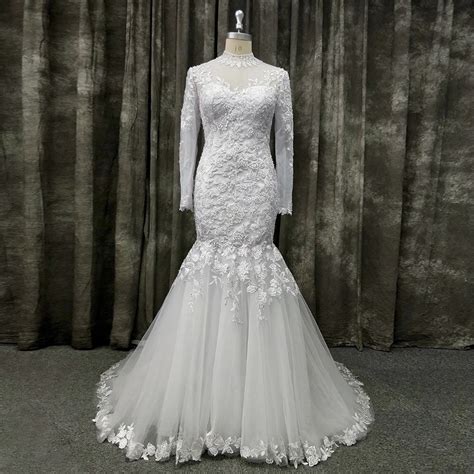 화이트 하이넥 긴팔 인어 신부 드레스 2020 웨딩 드레스결혼식 드레스 Aliexpress