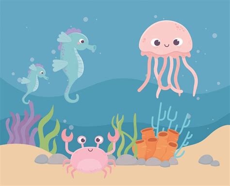 Medusas Caballitos De Mar Cangrejo Vida Arrecife De Coral Dibujos
