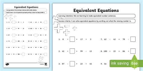 Equivalent Equations Using Missing Numbers Activity Sheet