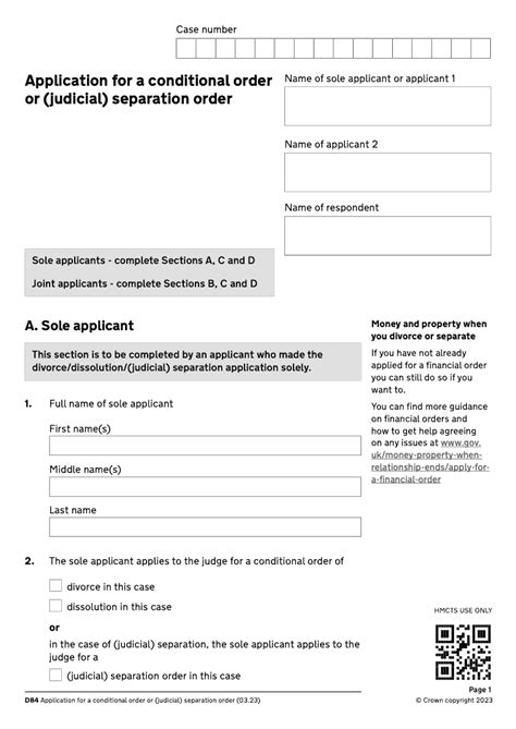 D84 Application For A Conditional Order Or Judicial Separation Order