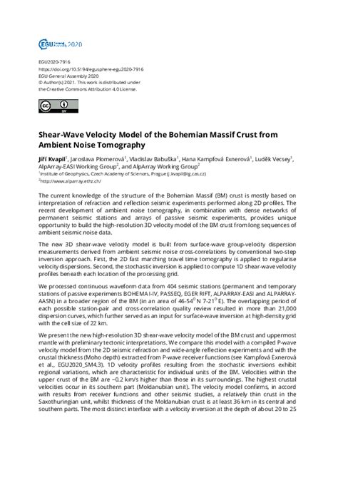 Pdf Shear Wave Velocity Model Of The Bohemian Massif Crust From Ambient Noise Tomography