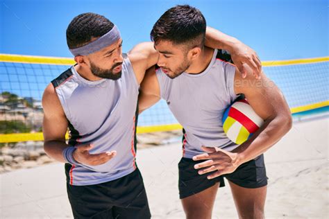 Beach Volleyball Team And Men For Strategy Game Plan And Prepare For