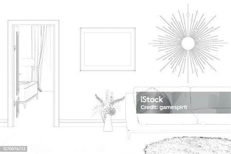 열린 문으로 내부의 스케치 주전자의 꽃다발은 소파 옆에 있는 쪽모이 세공 층에 있습니다 거울 옆에 벽에 수평 포스터가 있습니다