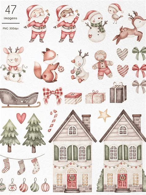 Kit Digital Natal Mágico em Aquarela Lançamento Topo de Bolo Para