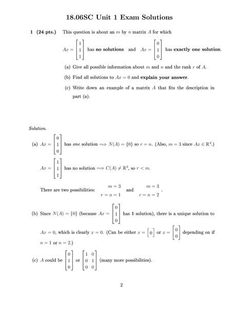 Linear Algebra Unit 1 Exam Solutions Exams Linear Algebra Docsity