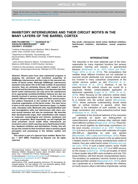 Pdf Inhibitory Interneurons And Their Circuit Motifs In The Many Layers Of The Barrel Cortex