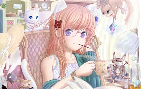 Обои кот, котик, аниме, очки, девочка, книга, шляпка, неко на телефон и ...