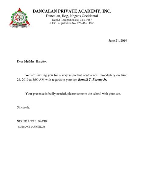 Dancalan Private Academy Inc Dancalan Ilog Negros Occidental Pdf