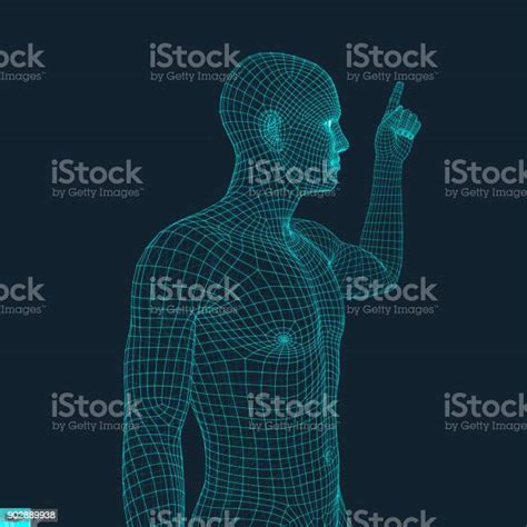 남자는 그의 손가락을 가리키는입니다 남자 기하학적 디자인의 3d 모델입니다 벡터 일러스트입니다 3d 다각형 덮 음 피부입니다