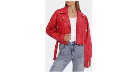 Avec Les Filles Oversized Faux Leather Cropped Biker Jacket In Red Lyst