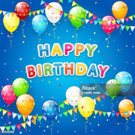 Balloons And Confetti On Blue Birthday Background向量圖形及更多彩色圖片 彩色 彩色影像