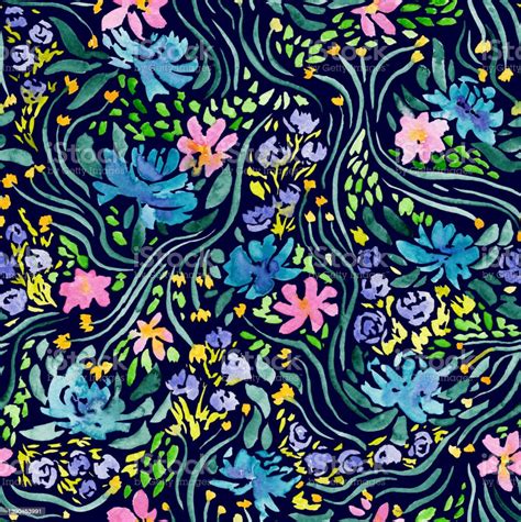 수채화로 칠해진 꽃 이음새가 없는 무늬 Doodle 스타일의 수채화 꽃과 나뭇잎이있는 배경 0명에 대한 스톡 벡터 아트 및 기타