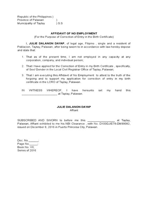 Affidavit Of No Employment Affidavit Government And Personhood