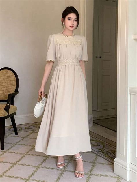 DAZY Solid Contrast Lace Puff Sleeve Dress Vestidos Largos Tipos De