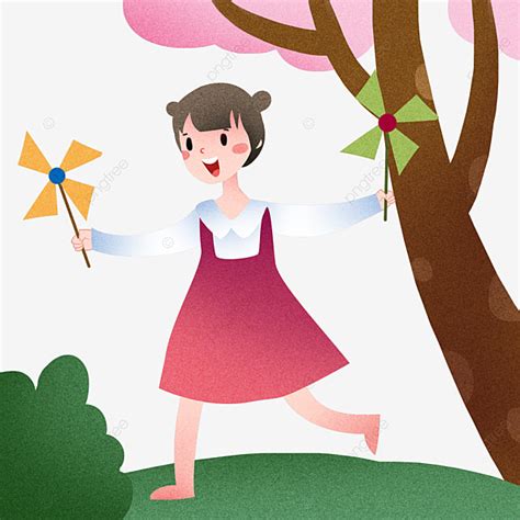 봄 일러스트 투어 그림 풍차 만화 캐릭터 봄나들이 삽화 풍차를 들고 소녀 컬러 풍차 Png 일러스트 및 Psd 이미지 무료 다운로드 Pngtree