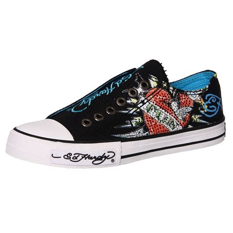 Ed Hardy Womens Shimmer Lowrise Black Canvas Sneakers Free