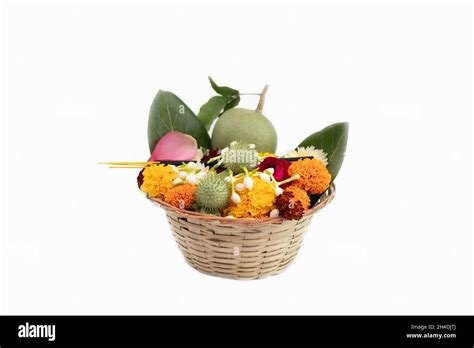 Bamboo Basket With Multi Flowers Like Marigold Genda Gulab Jasmine