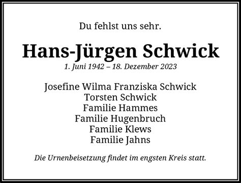 Alle Traueranzeigen Für Hans Jürgen Schwick Trauerrp Onlinede