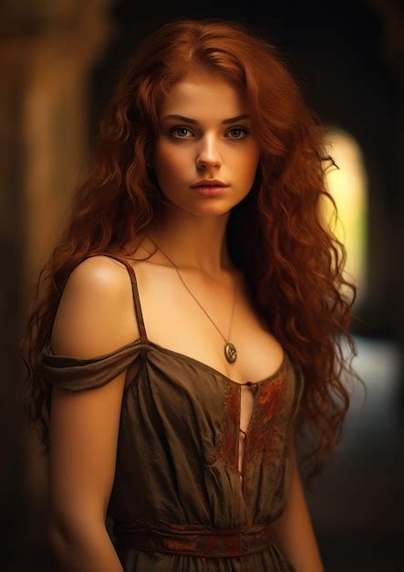 Premium Ai Image Woman Red Hair Brown Dress Posing Curly Blonde