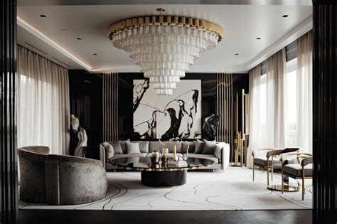 Premium AI Image Art Deco Home With Dramatic Chandelier And Sleek