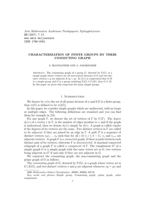 Pdf Characterization Of Finite Groups By Their Commuting Graph