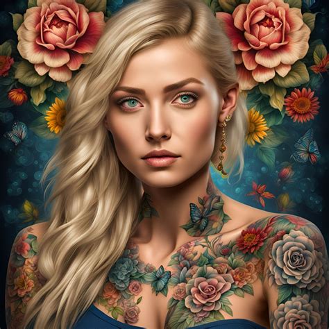 A Beautiful Blonde Woman With Flower Tattoos Attractive Vibrant