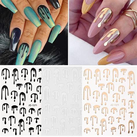 1 Pc 3d 네일 스티커 레이저 골드 실버 블랙 화이트 드랍스 디자인 셀프 접착 슬라이더 네일 아트 데코레이션 데칼 매니큐어 도구 Aliexpress