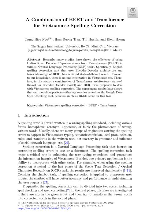 PDF A Combination Of BERT And Transformer For Vietnamese Spelling