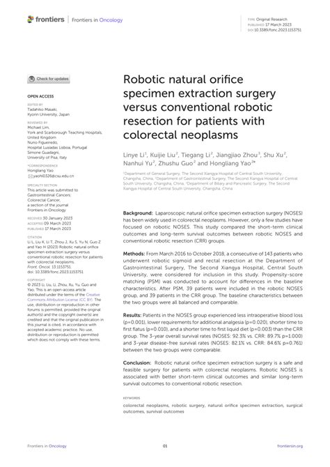 Pdf Robotic Natural Orifice Specimen Extraction Surgery Versus Conventional Robotic Resection