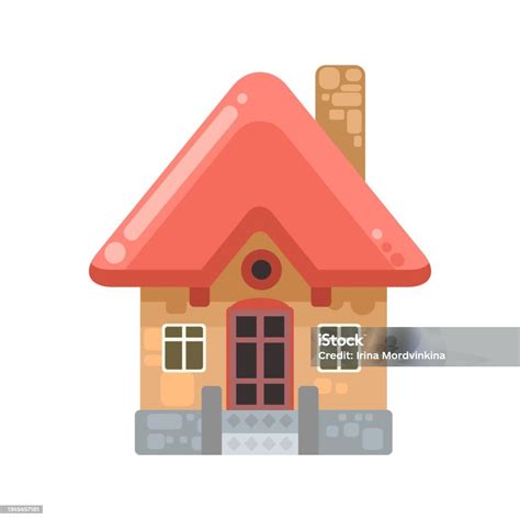 주황색 벽과 붉은 지붕이있는 작은 시골 집 재미있는 만화 스타일 시골 교외 마을 전통적인 간단한 아키텍처 어린이를 위한 그림은 흰색 배경에서 격리됩니다 벡터 0명에 대한