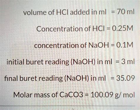 SOLVED Volume Of HCI Added In Ml 70 Ml Concentration Of HCI 0 25MI Concentration Of NaOH 0 1M