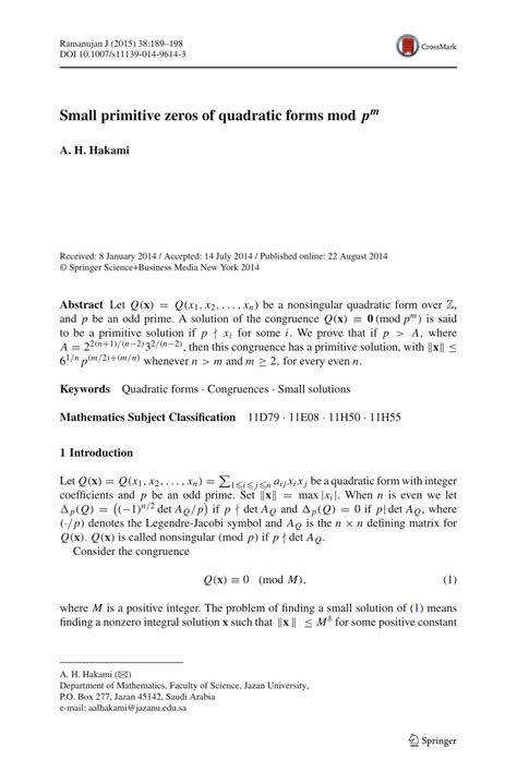 Pdf Small Primitive Zeros Of Quadratic Forms Mod P M
