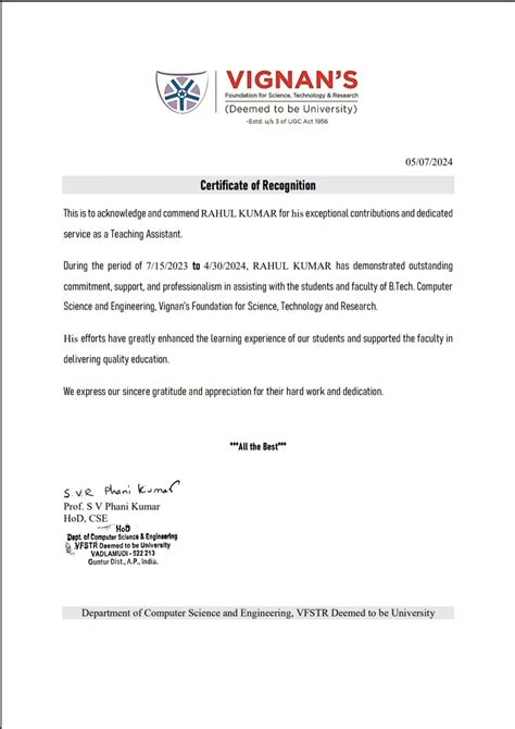 Rahul Kumar On Linkedin Recognition Teachingassistant Vfstr Computerscience Education