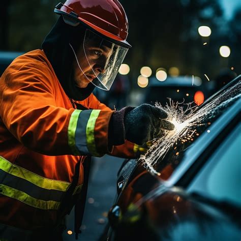 Premium Photo Firefighters Cutting Car Window With Glass Cutter For