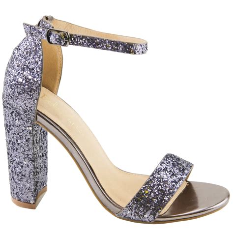Snj Womens Chunky Heel Glitter Ankle Buckle Strap High Heel Sandal