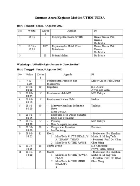 Rundown Kegiatan Mobiliti Uthm Pdf