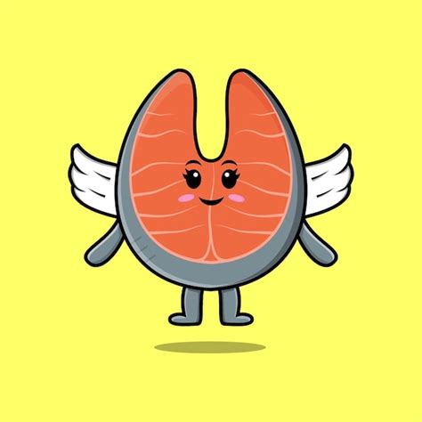 현대적인 스타일의 디자인에 날개를 가진 귀여운 만화 신선한 연어 캐릭터 프리미엄 벡터