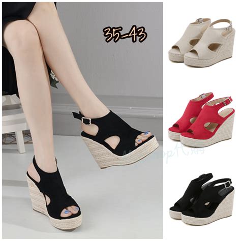 魚口楔型鞋 一字帶厚底坡跟涼鞋 大尺碼楔型涼鞋 一字扣高跟涼鞋 超高跟 麻繩 草編 波希米亞 性感 女鞋．多色35 43 蝦皮購物