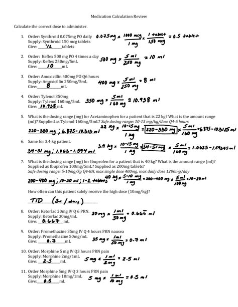 Medication Dosage Calculation Worksheet