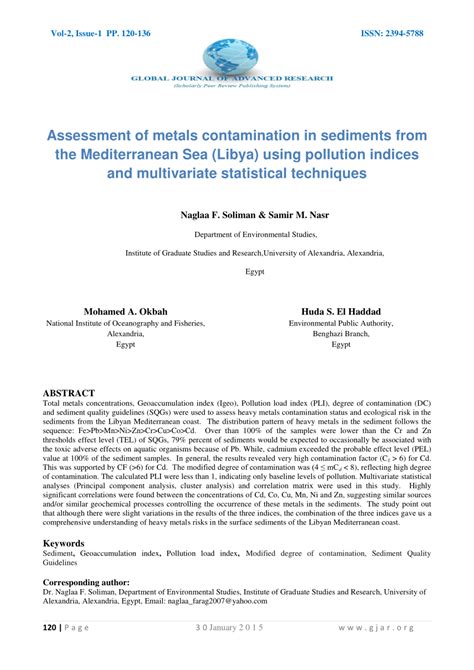 Pdf Assessment Of Metals Contamination In Sediments From The