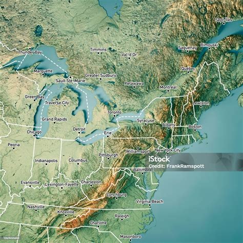 North East Region Usa 3d Render Topographic Map Color Border Cities