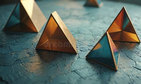 Four Triangular Objects Varying In Size And Color Are Arranged On