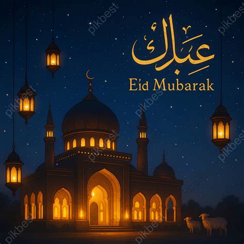 Starry Night Eid Mubarak Mosque With Golden Lanterns Backgrounds 