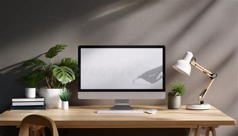 Modern Minimalist Office Desk Setup With Computer Lamp And Plant 3d Rendering Stock