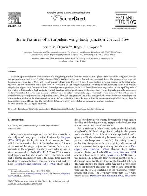 Pdf Some Features Of A Turbulent Wingbody Junction Vortical Flow